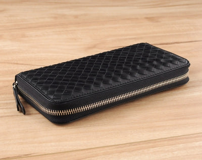 Vienna handmade woven pattern zipper black genuine lambskin long wallet ...