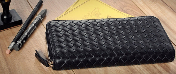 Vienna handmade woven pattern zipper black genuine lambskin long wallet ...