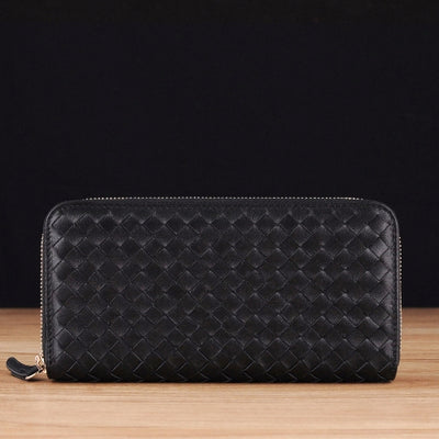 Vienna handmade woven pattern zipper black genuine lambskin long wallet ...